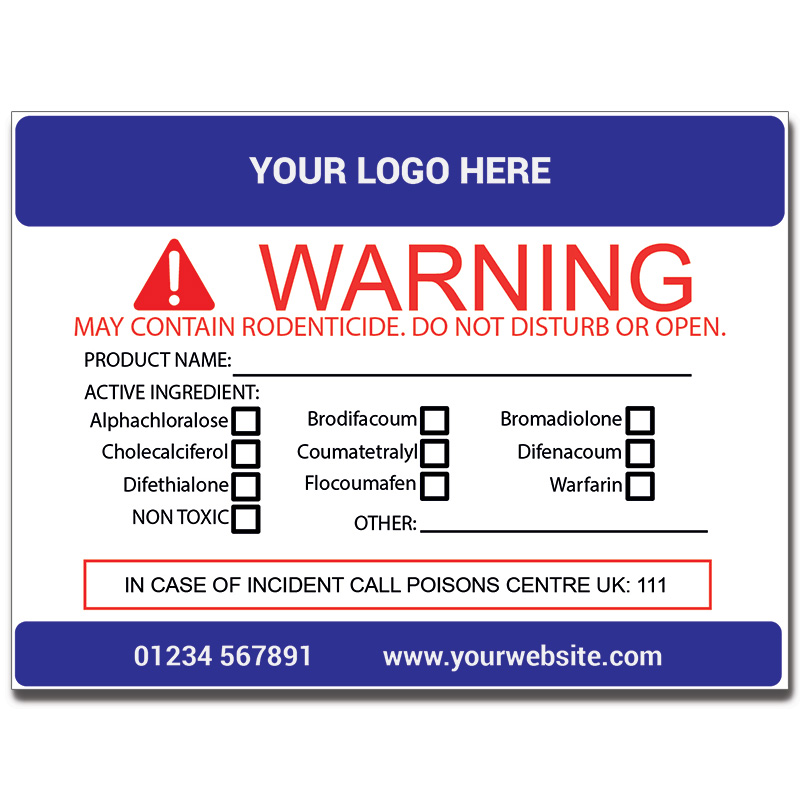 Warning Rodenticides Sticky Labels CUSTOMISED