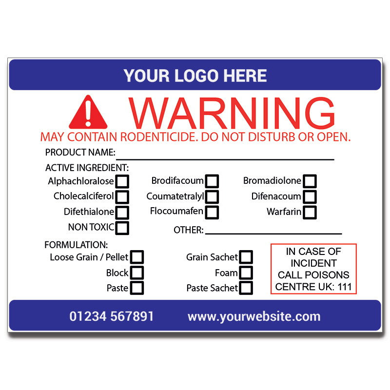 Warning Rodenticides Sticky Labels CUSTOMISED